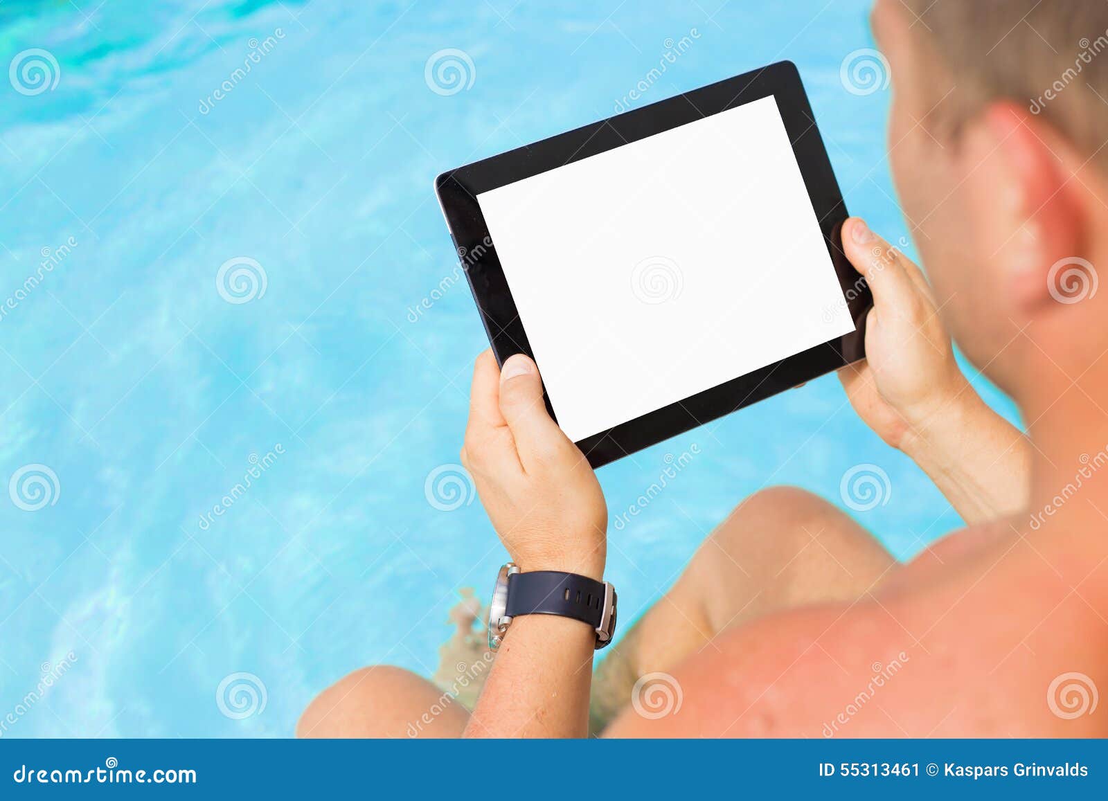 Man Holding Tablet Computer by the Swimming Pool Stock Image - Image of ...