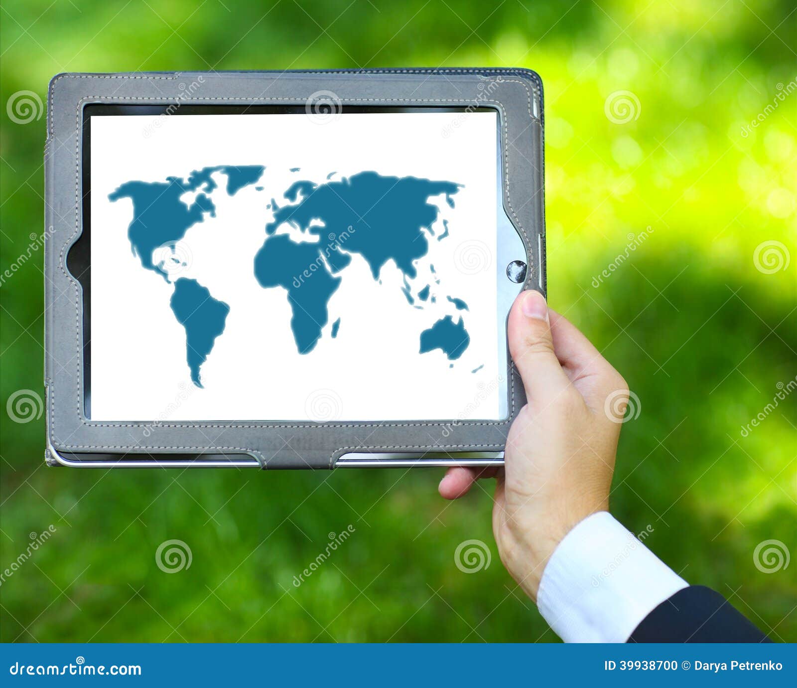 Man Holding Tablet Computer with World Map Stock Photo - Image of ...