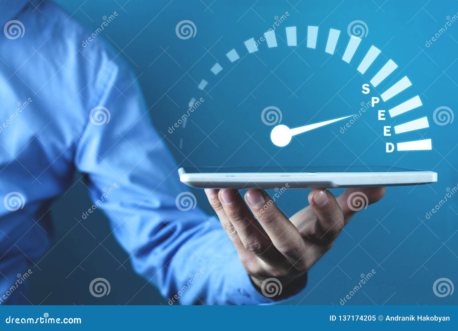 Man Holding Tablet with Speedometer. Speed Concept Stock Image - Image ...