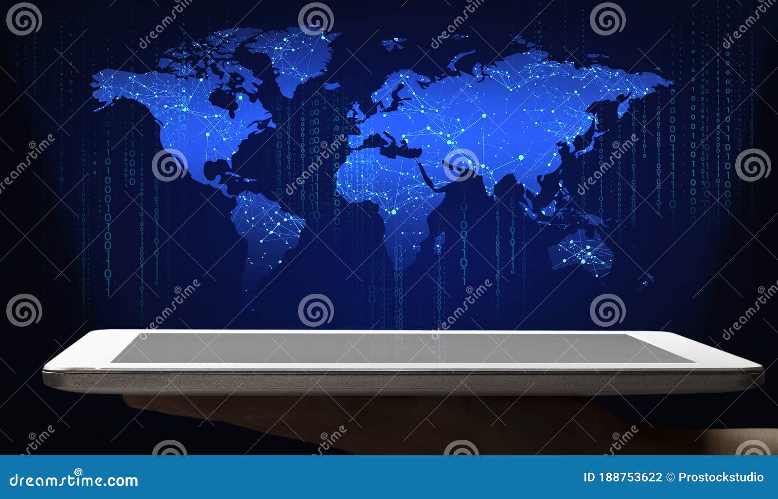 Man Holding Tablet with World Map, Computer Code and Web Connection ...
