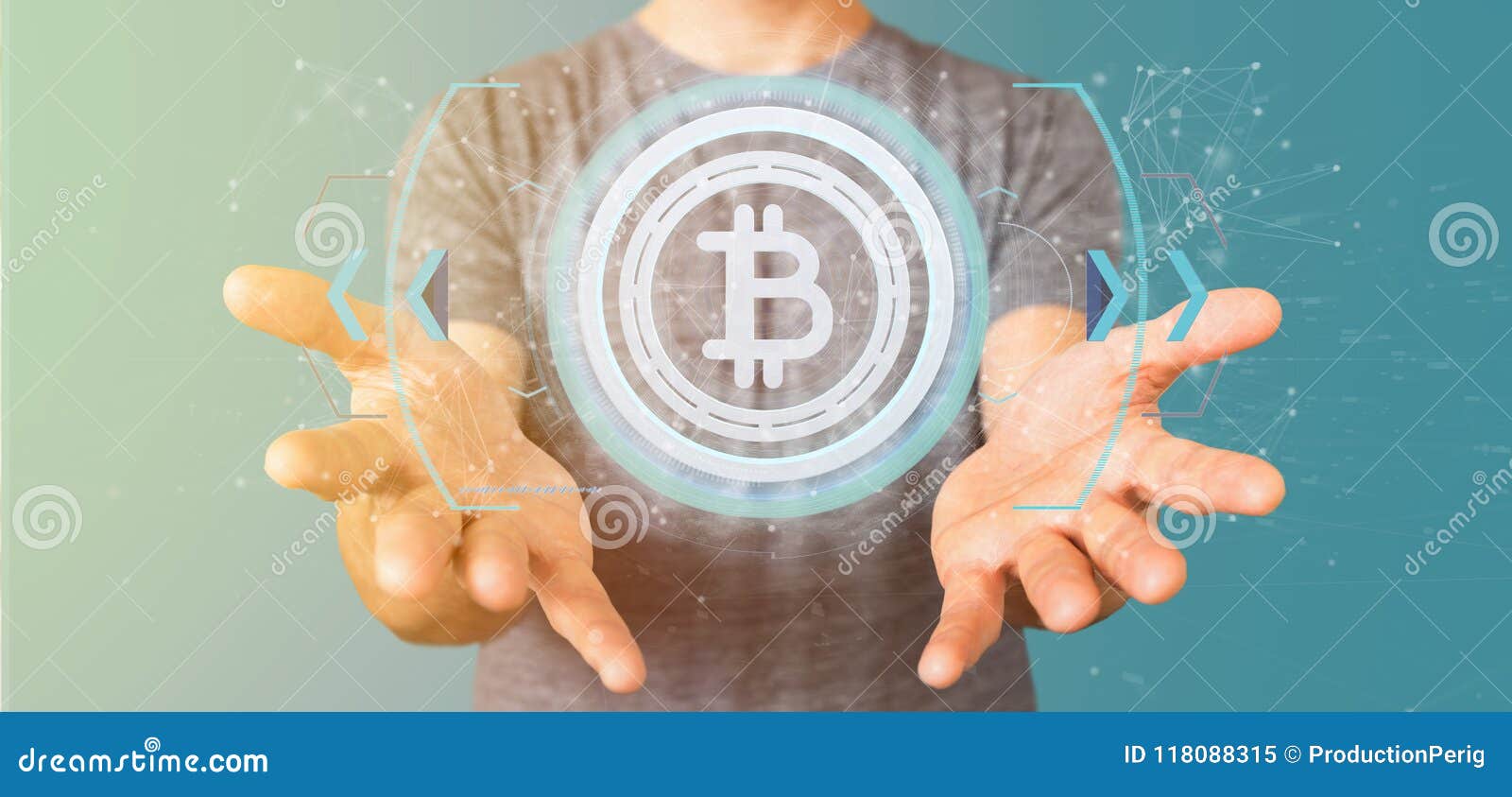 Man Holding a Technology Bitcoin Icon on a Circle 3d Rendering Stock ...