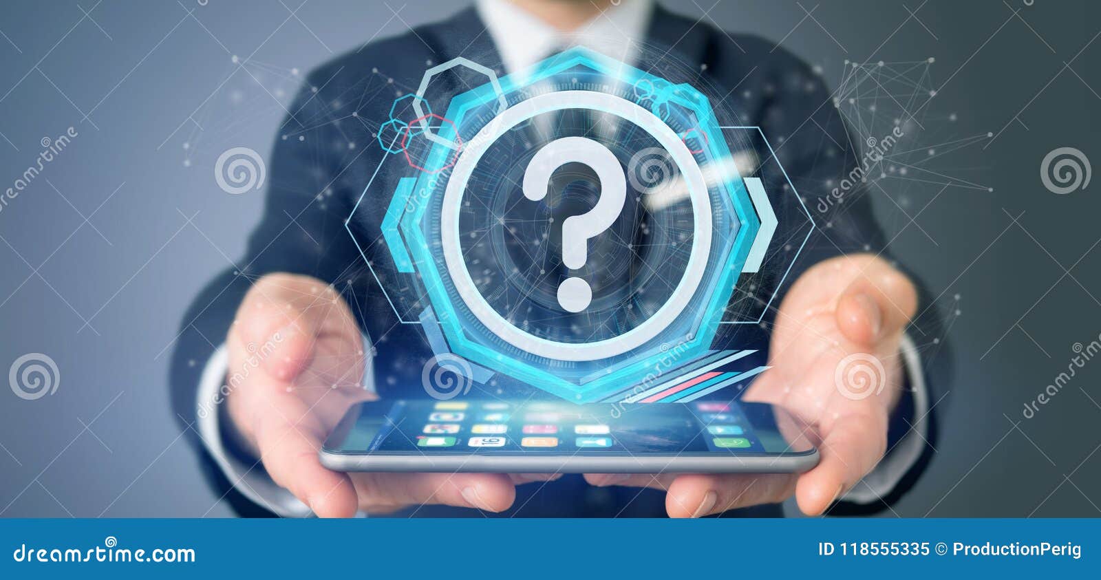 Man Holding a Technology Question Mark Icon on a Circle 3d Rendering ...