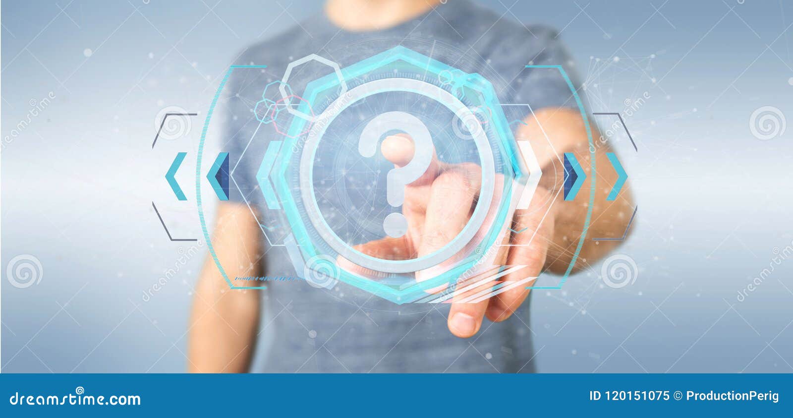 Man Holding a Technology Question Mark Icon on a Circle 3d Rendering ...