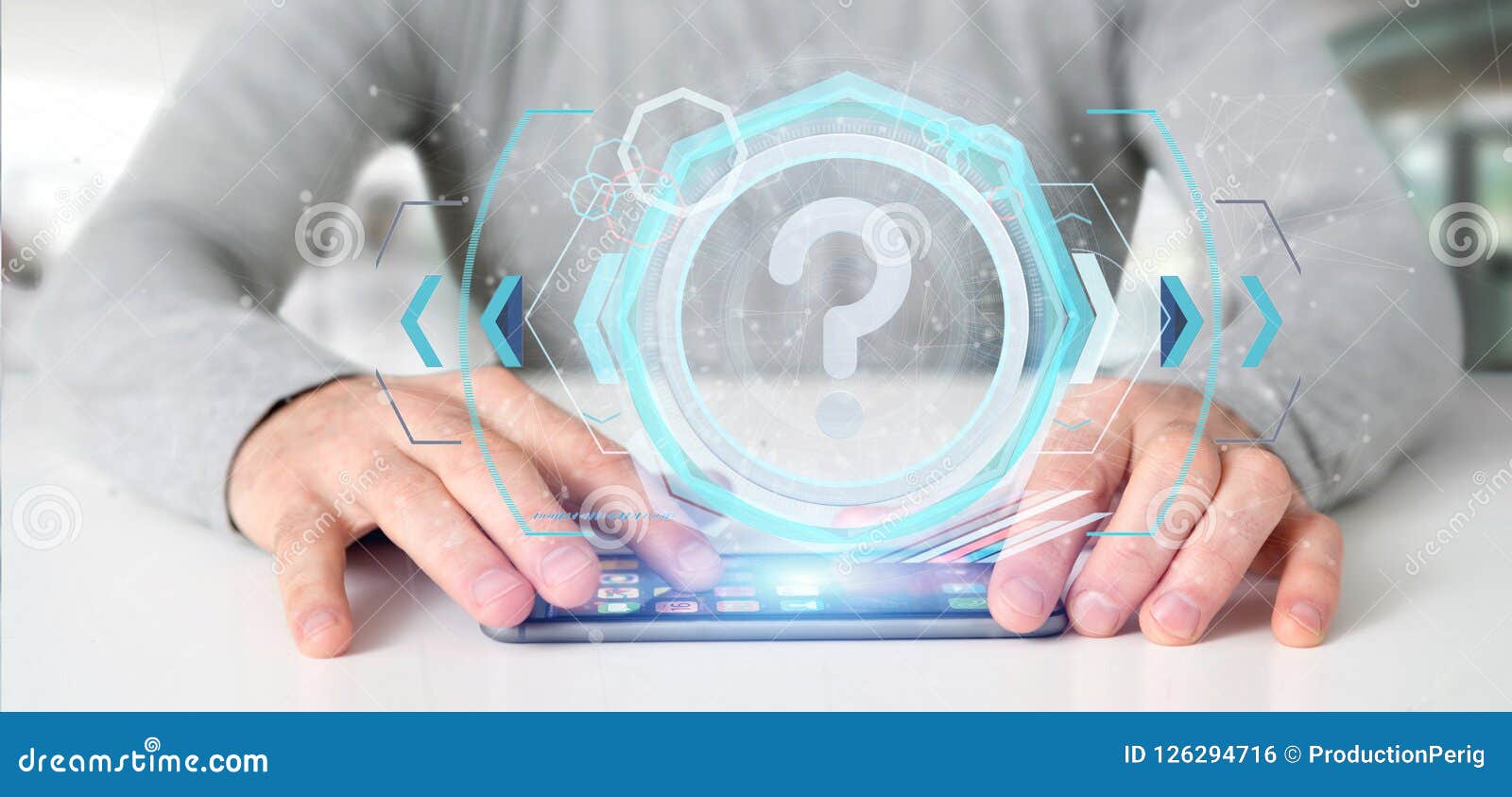 Man Holding a Technology Question Mark Icon on a Circle 3d Rendering ...
