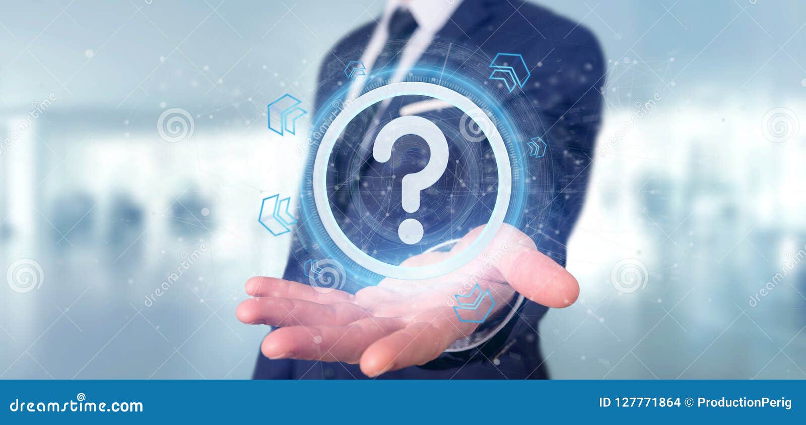 Man Holding a Technology Question Mark Icon on a Circle 3d Rendering ...