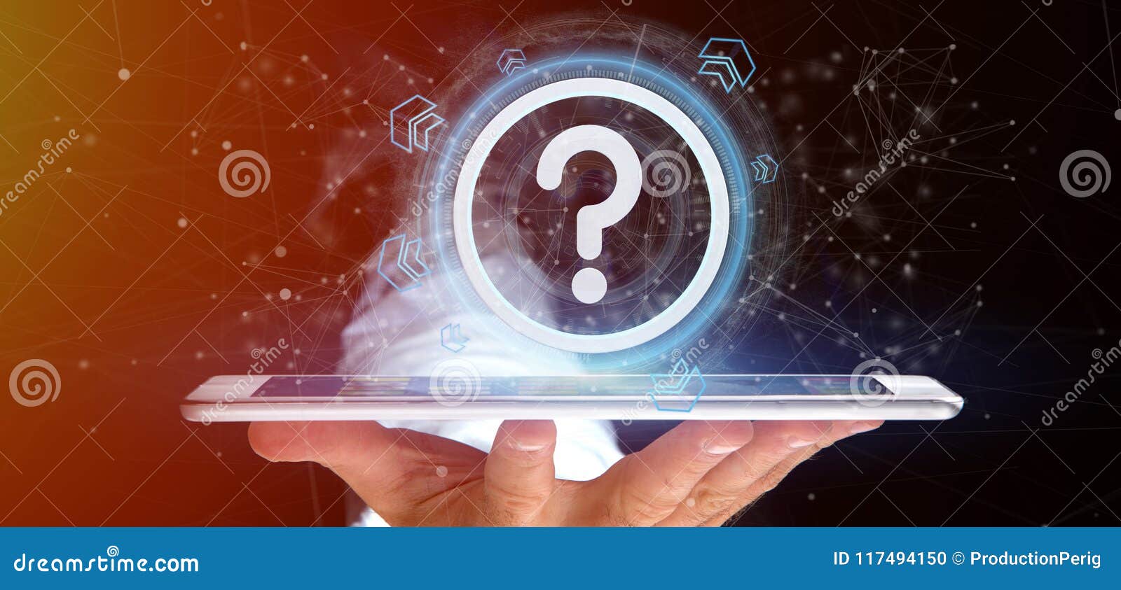 Man Holding a Technology Question Mark Icon on a Circle 3d Rendering ...