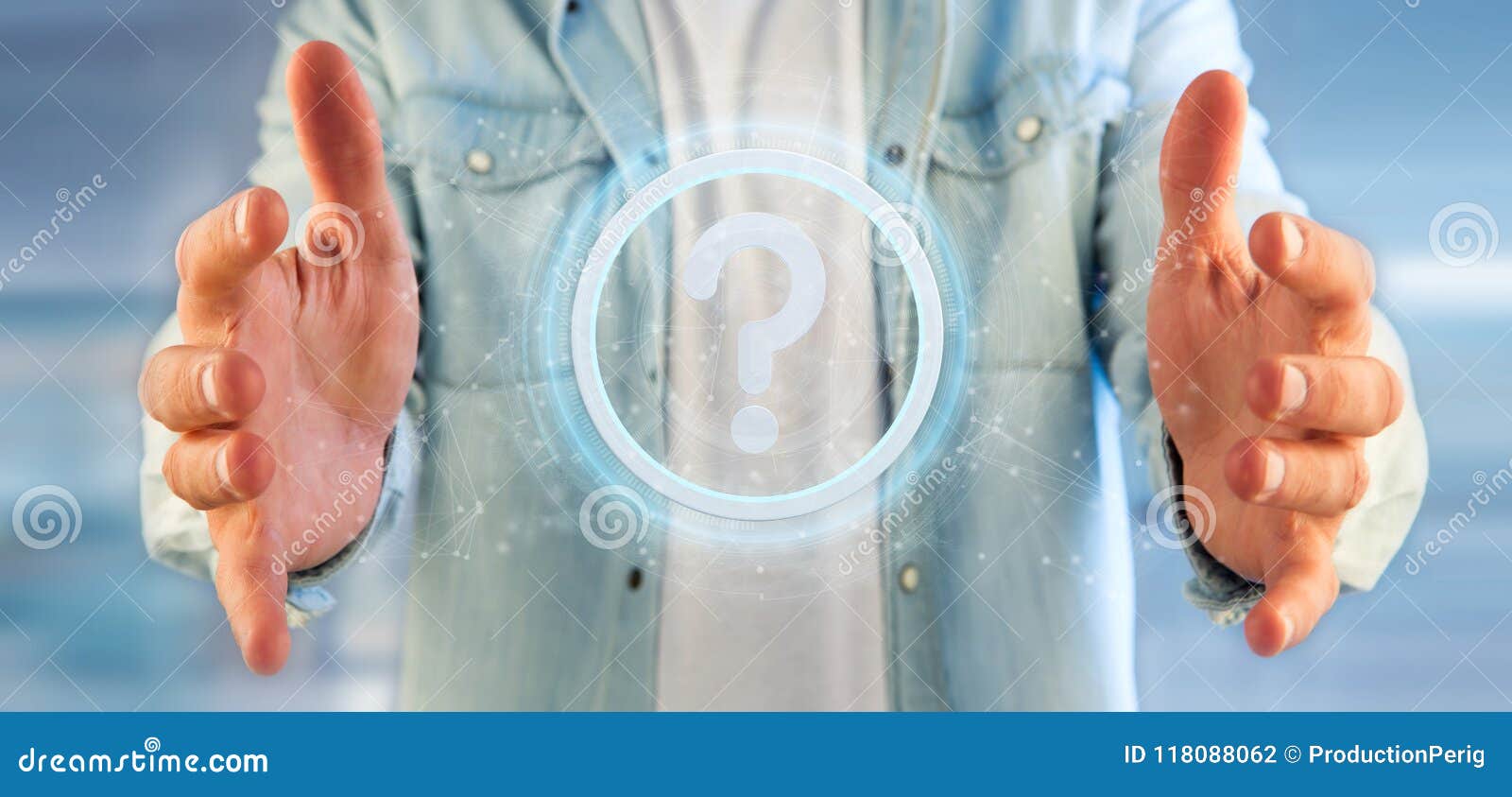 Man Holding a Technology Question Mark Icon on a Circle 3d Rendering ...