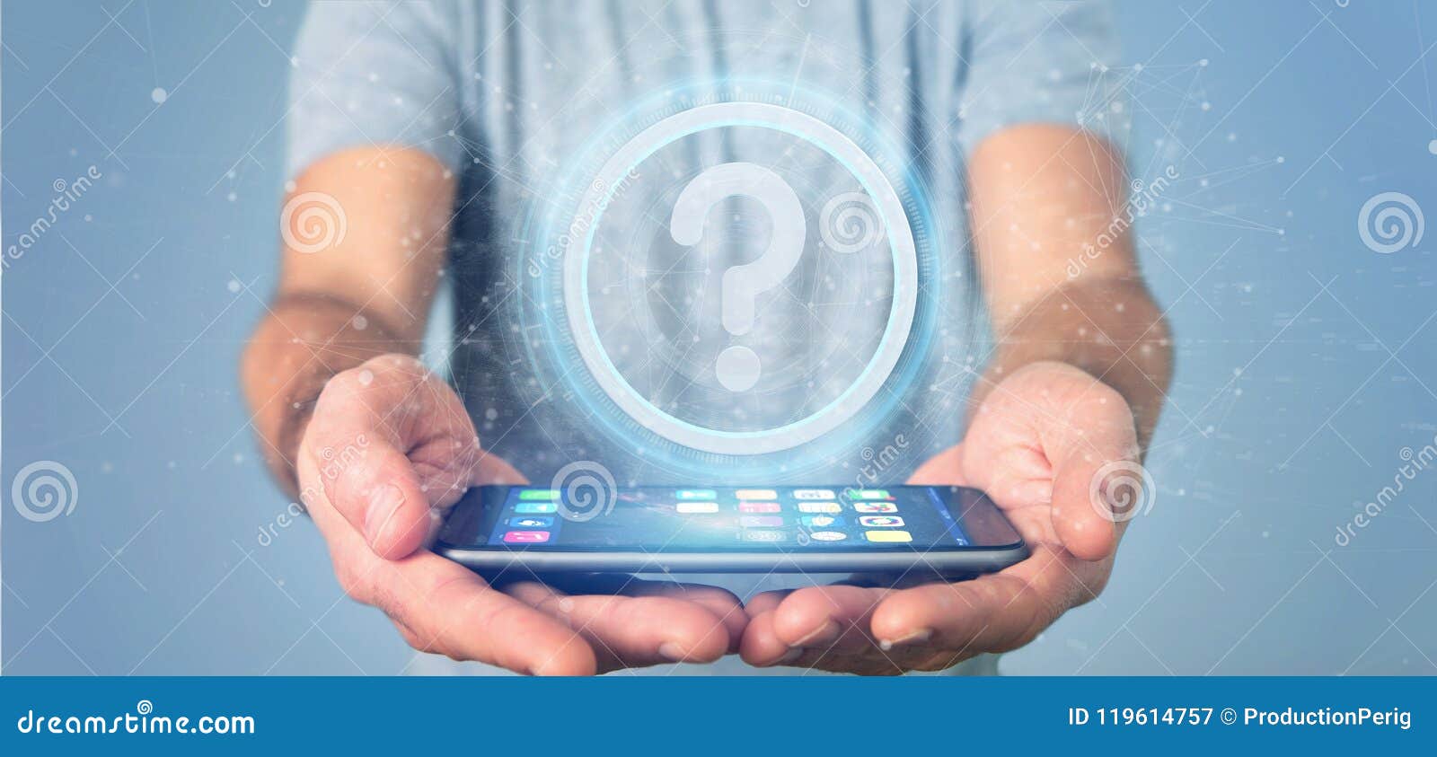 Man Holding a Technology Question Mark Icon on a Circle 3d Rendering ...