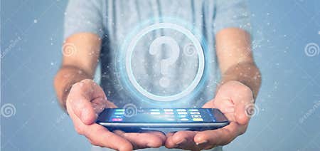 Man Holding a Technology Question Mark Icon on a Circle 3d Rendering ...