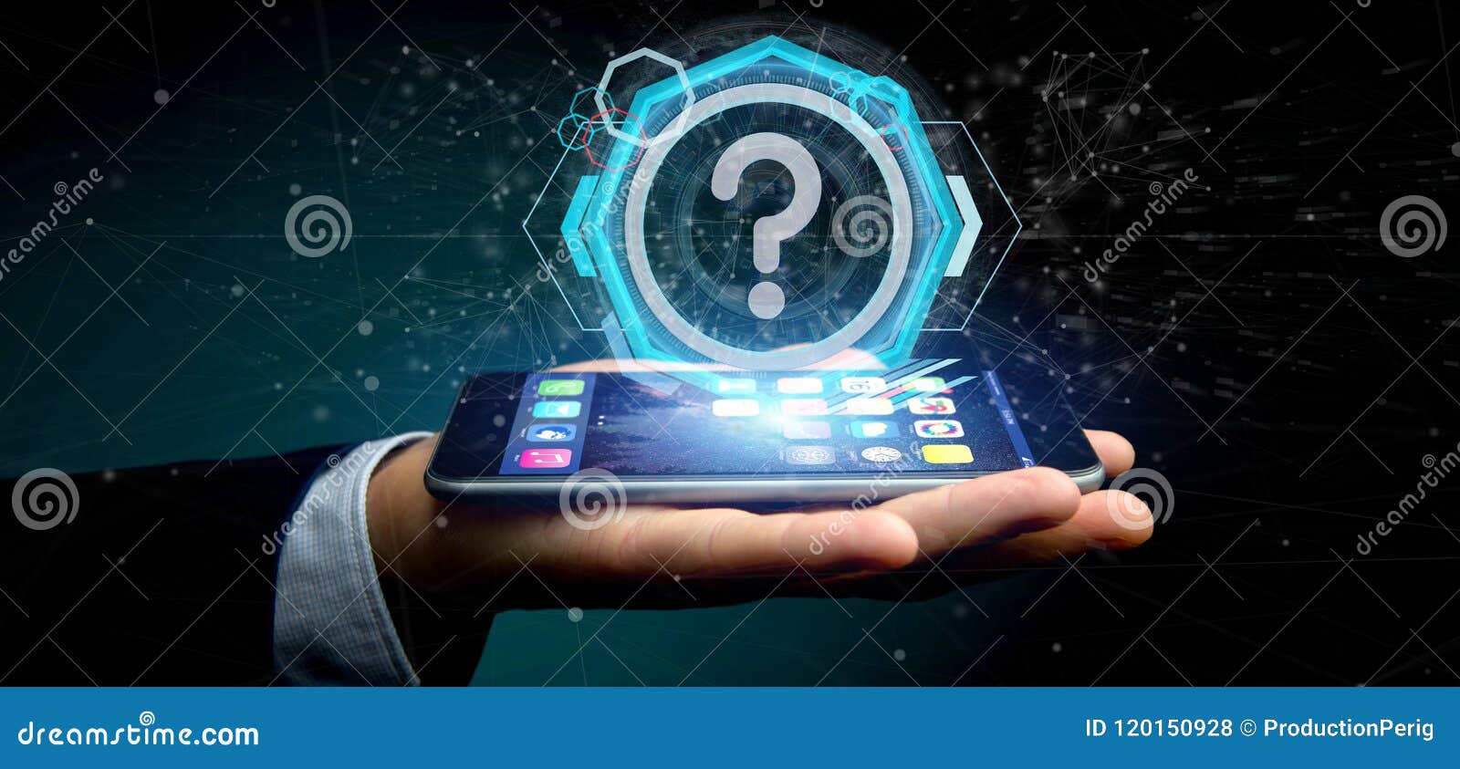 Man Holding a Technology Question Mark Icon on a Circle 3d Rendering ...