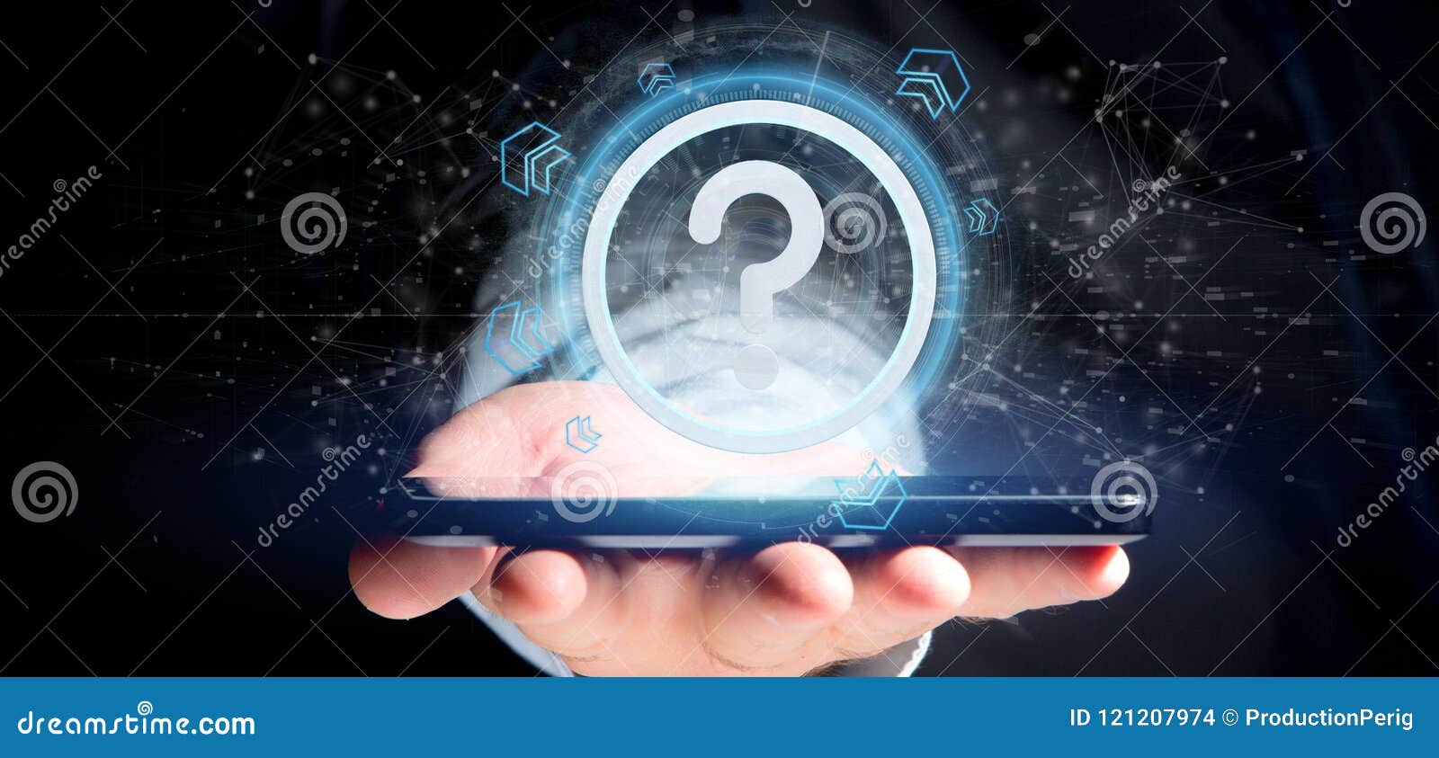 Man Holding a Technology Question Mark Icon on a Circle 3d Rendering ...