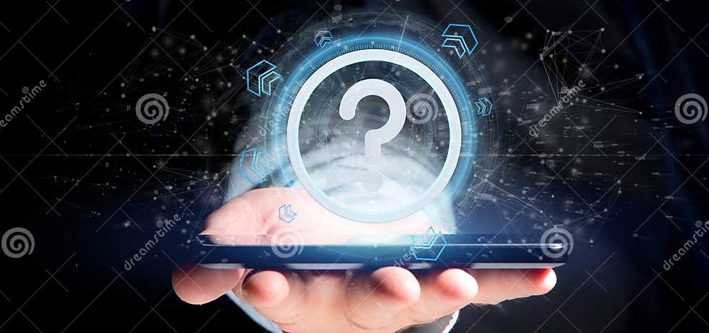 Man Holding a Technology Question Mark Icon on a Circle 3d Rendering ...