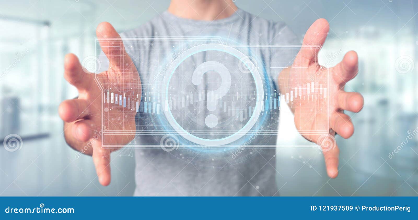 Man Holding a Technology Question Mark Icon on a Circle 3d Rende Stock ...