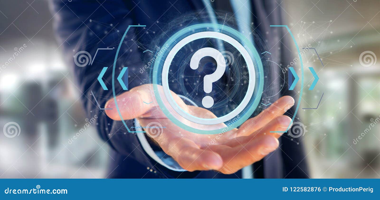 Man Holding a Technology Question Mark Icon on a Circle 3d Rendering ...