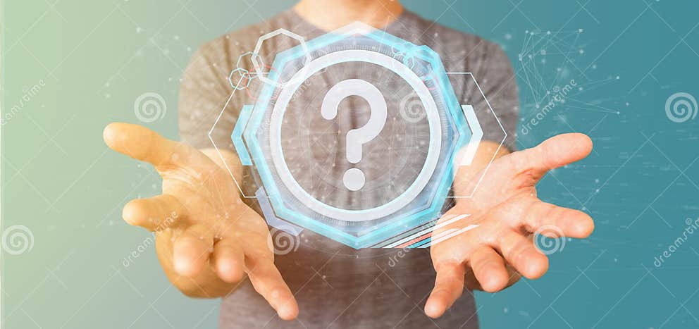 Man Holding a Technology Question Mark Icon on a Circle 3d Rendering ...