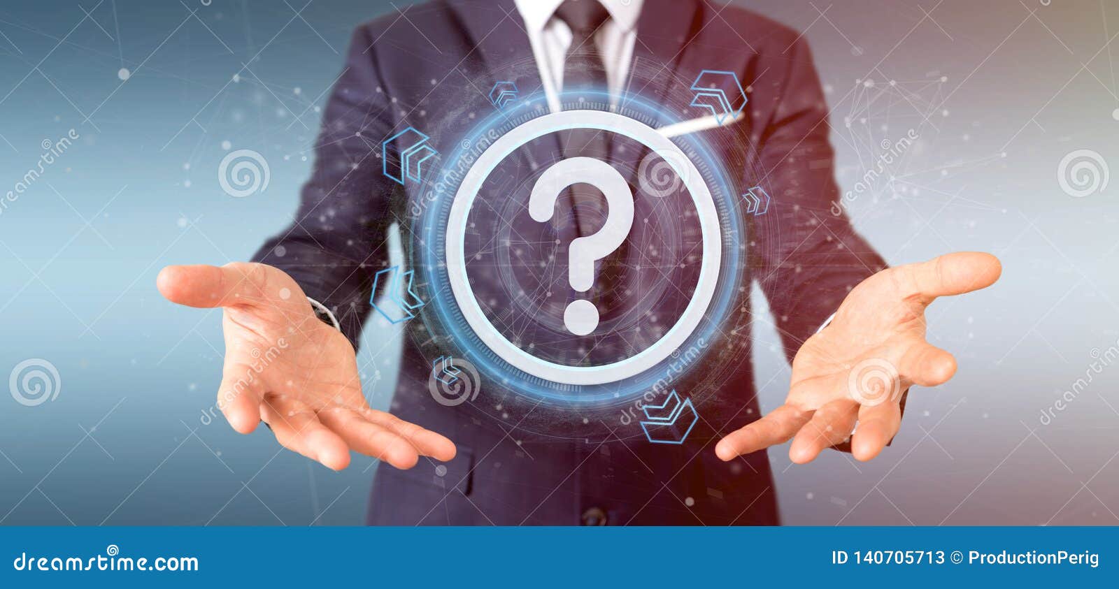 Man Holding a Technology Question Mark Icon on a Circle 3d Rendering ...