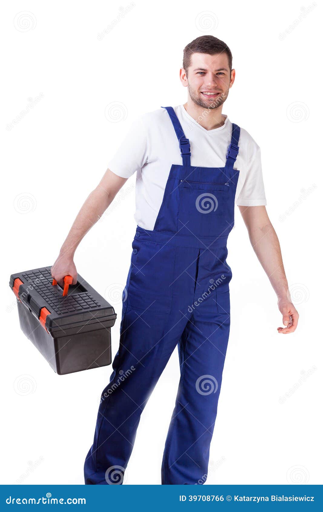 Man holding toolbox stock photo. Image of happy, coverall - 39708766