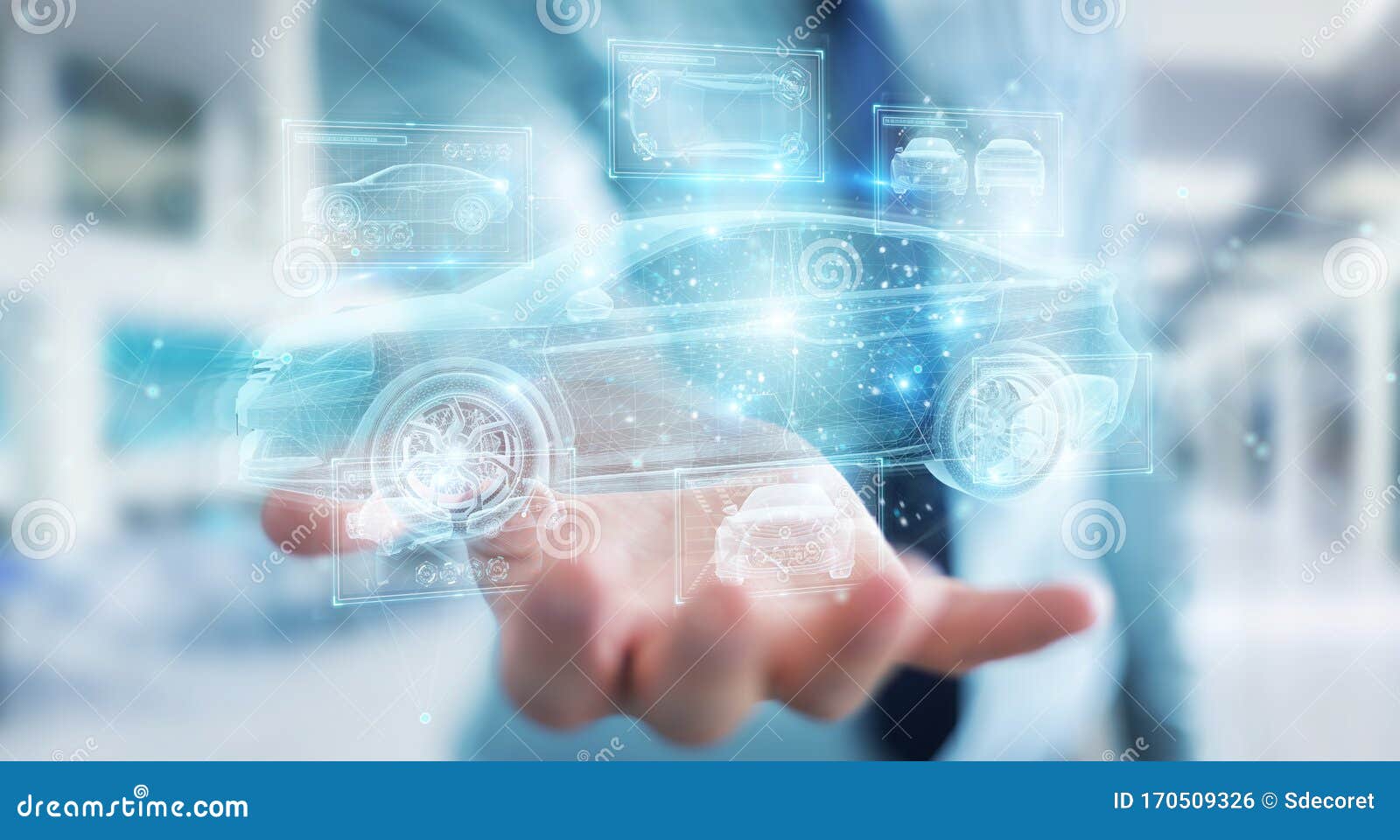 Man Holding and Touching Holographic Smart Car Interface Projection 3D ...