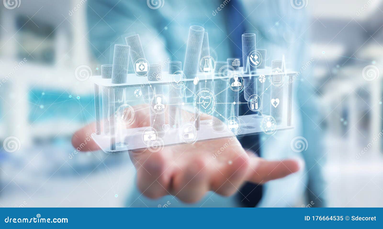 Man Holding and Touching Holographic Tubes Samples Projection 3D ...