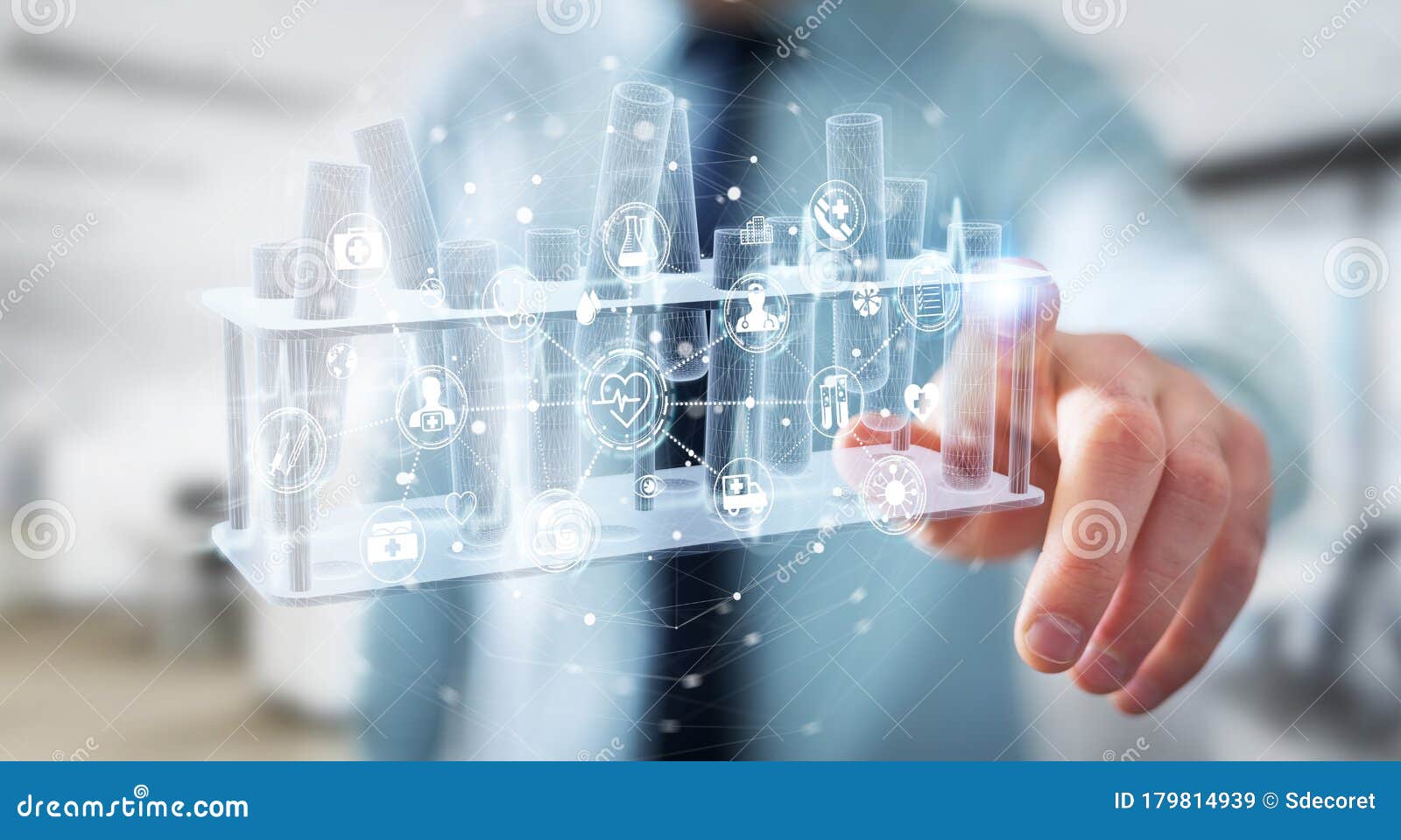 Man Holding and Touching Holographic Tubes Samples Projection 3D ...