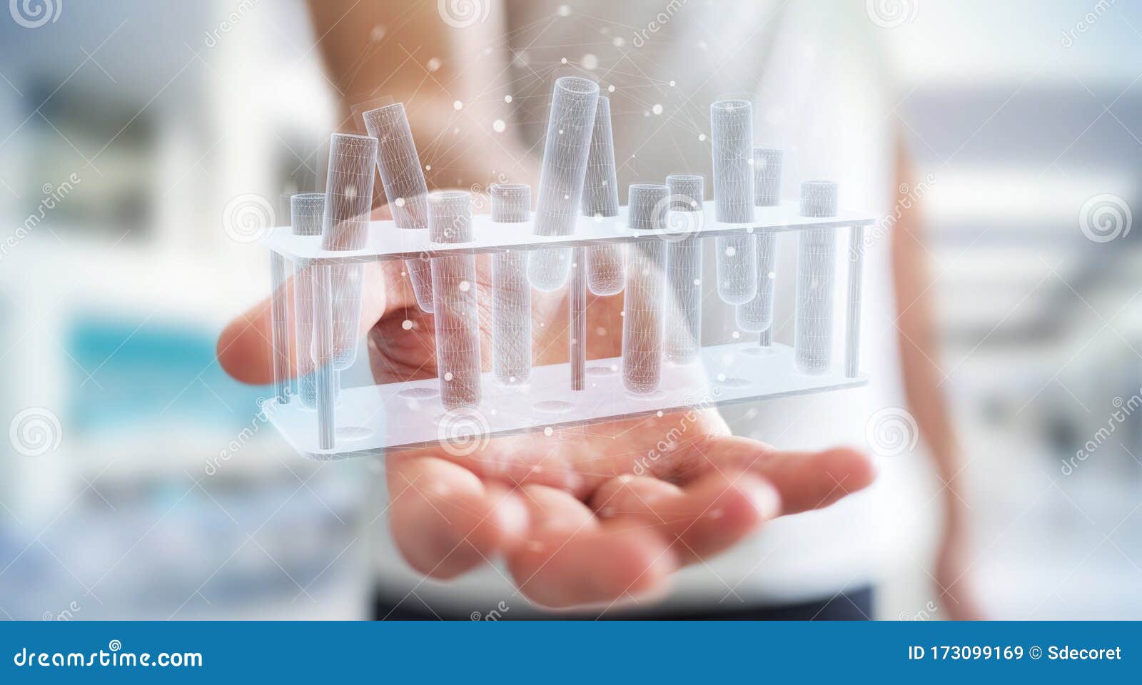 Man Holding and Touching Holographic Tubes Samples Projection 3D ...