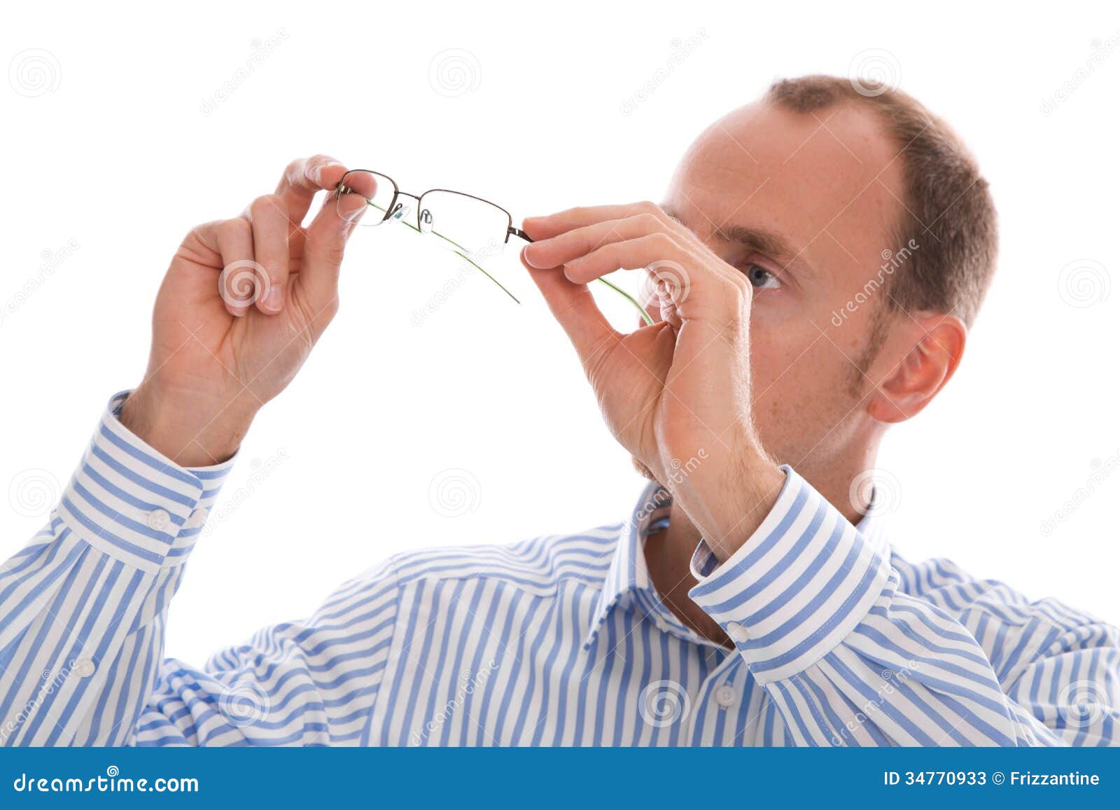 Man Holding Up His Glasses and Looking at Them Isolated on White Stock ...
