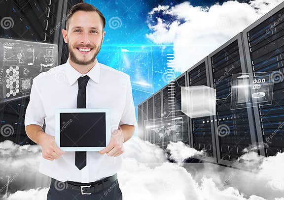 Man Holding Using Digital Tablet Against Data Base Center in Background ...