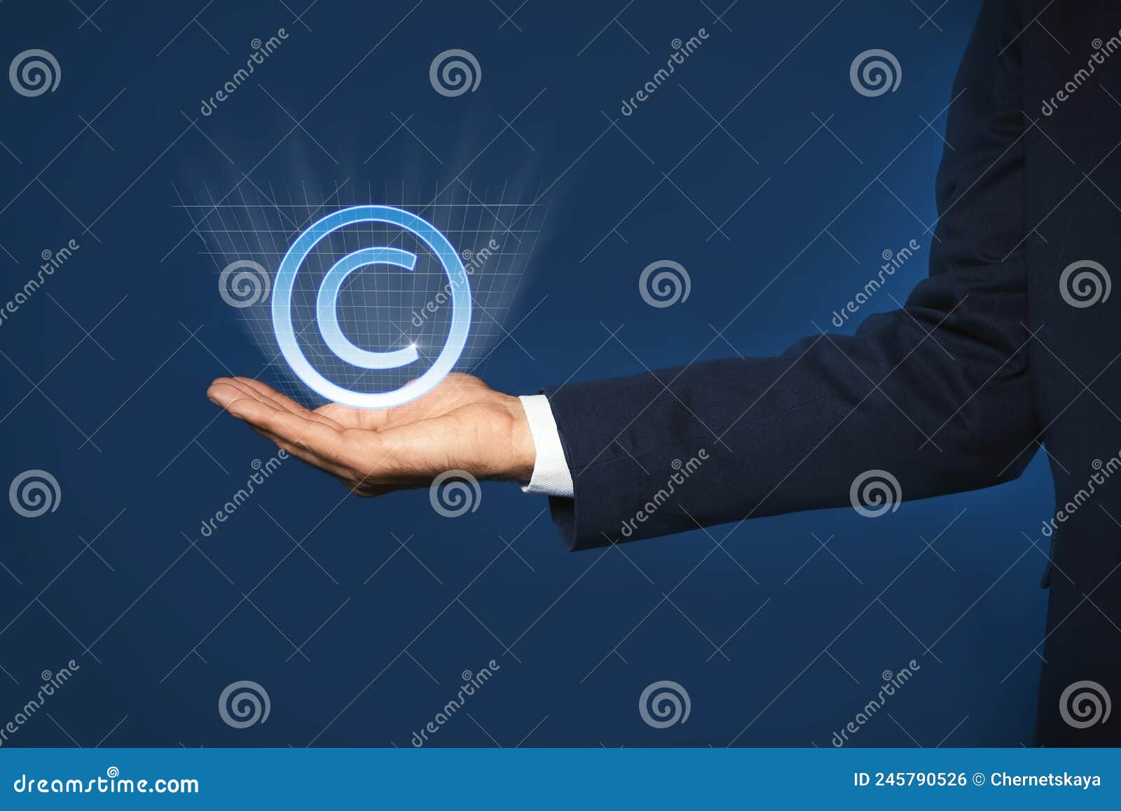Man Holding Virtual Icon of Copyright Symbol on Blue Background ...