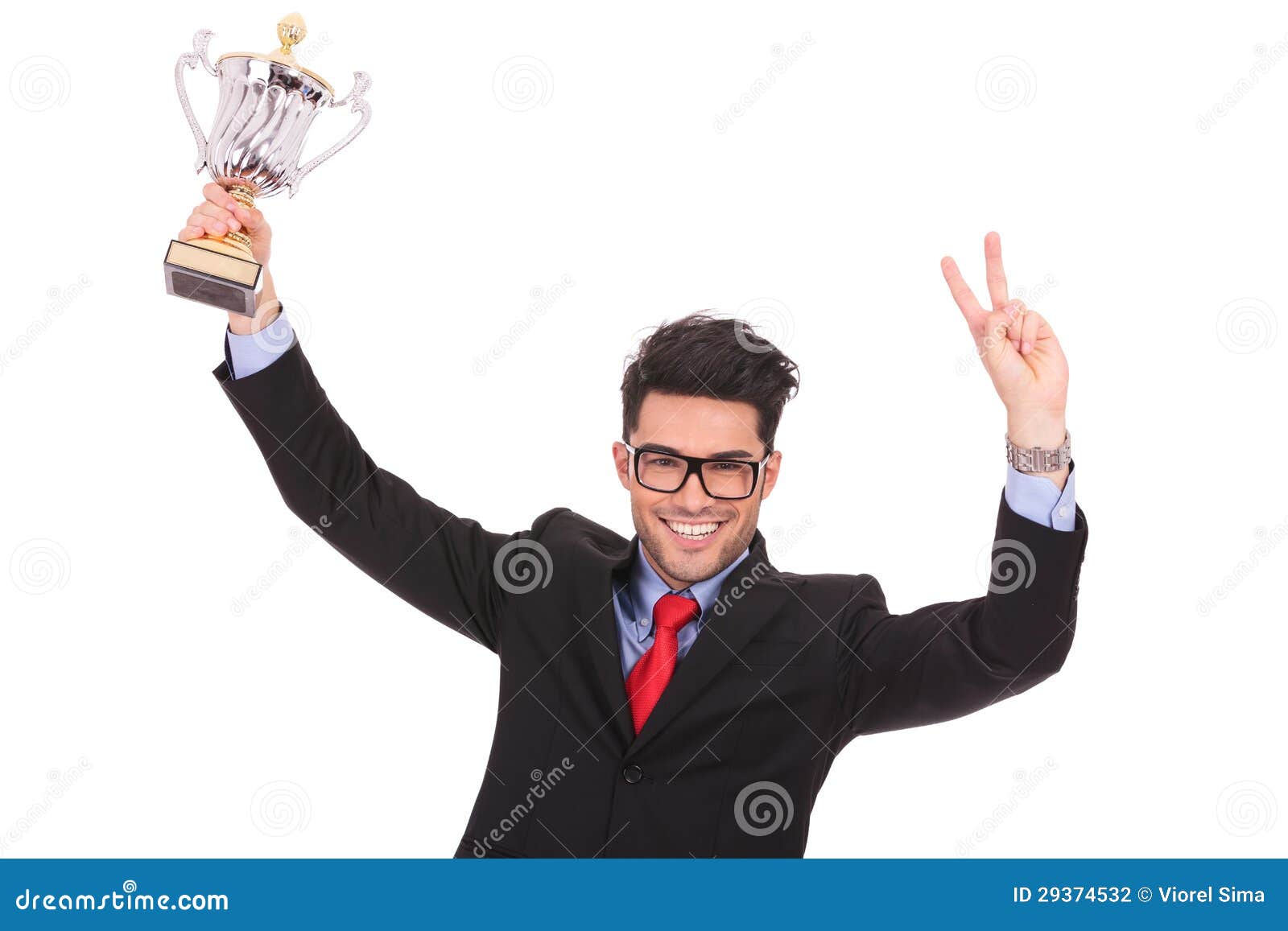 Man Holds Cup & Victory Sign Stock Photo - Image of company, lifting ...
