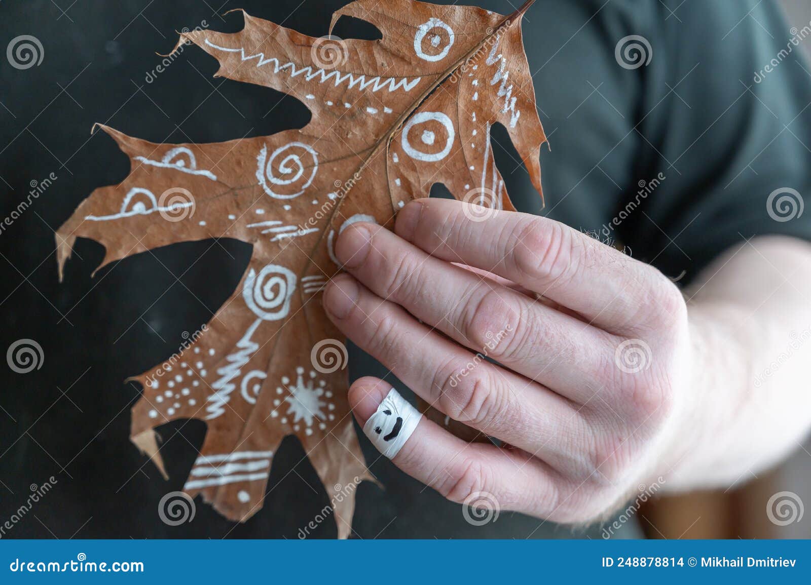 The Man Holds in His Hand a Leaf of a Tree with Patterns Drawn on it ...