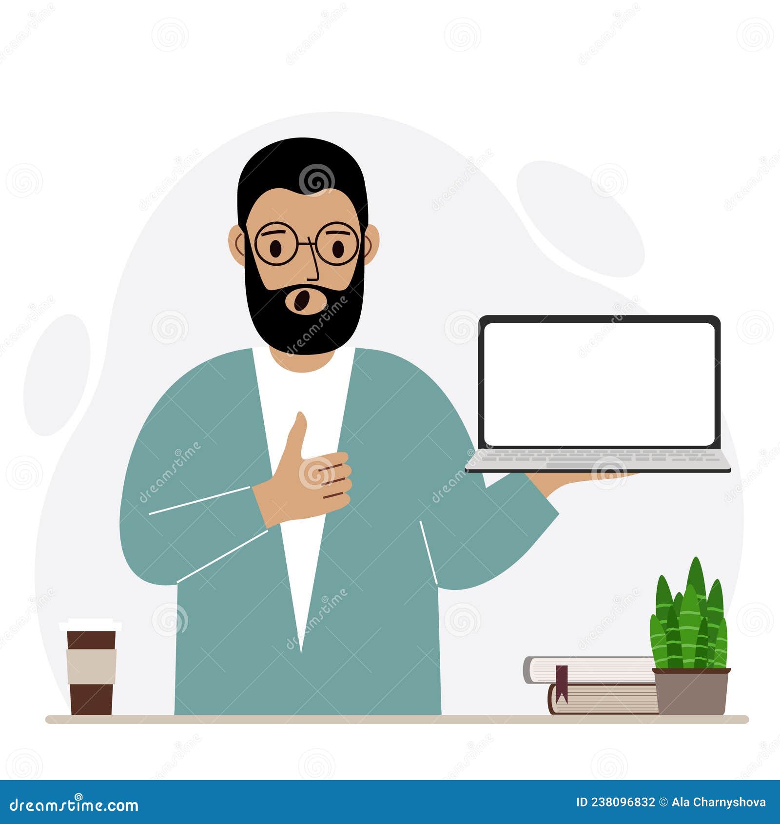 A Man Holds a Laptop Computer on His Hand and Shows a Thumbs Up Sign ...