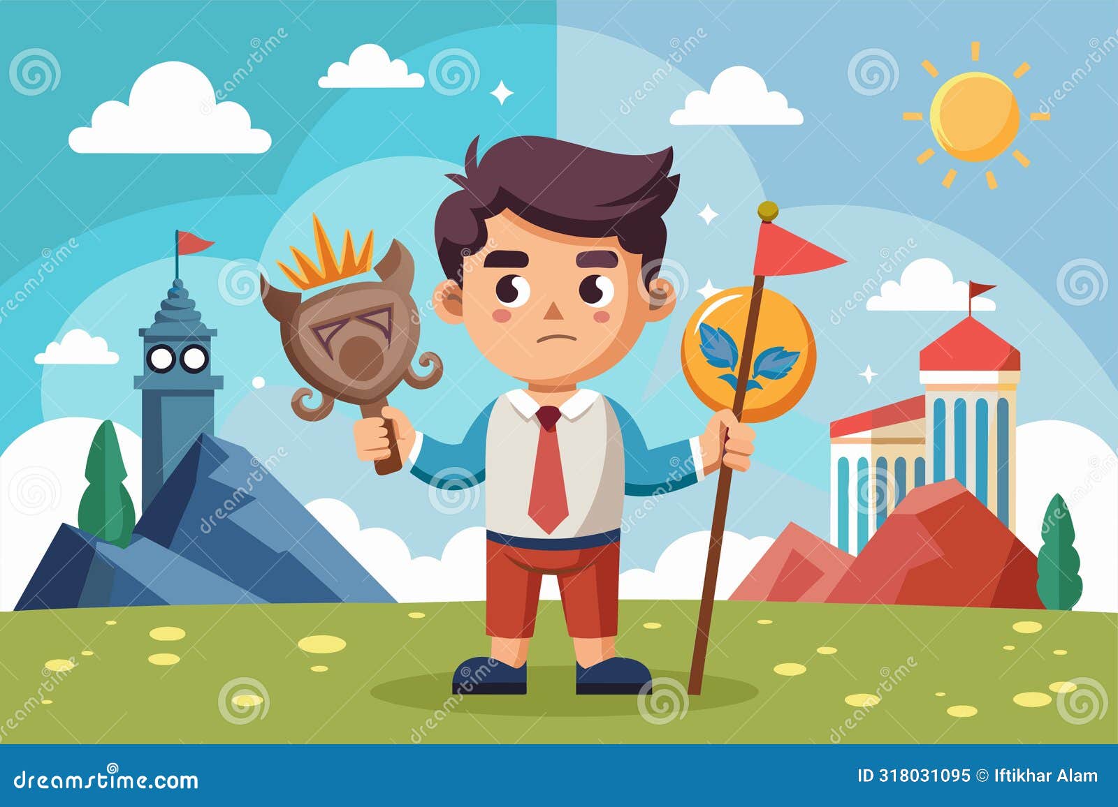 A Man Holds a Mask and a Shield in a Customizable Cartoon Illustration ...