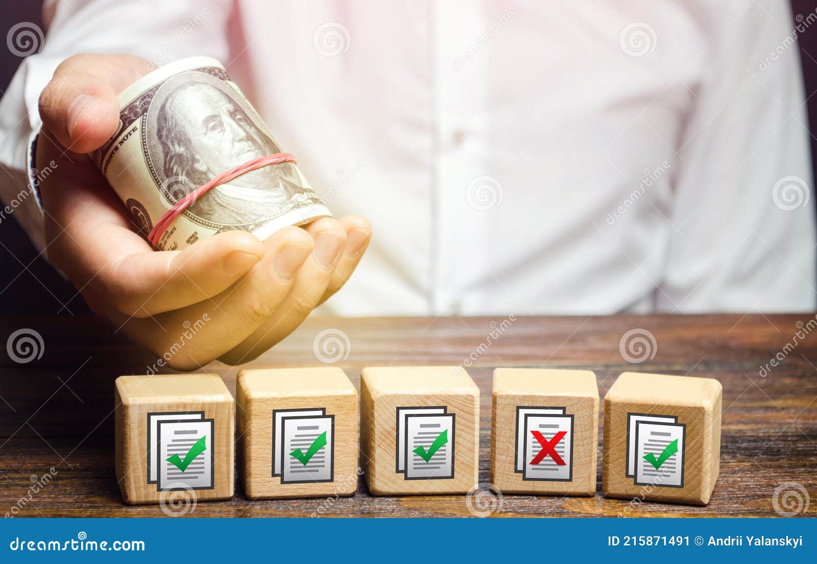 Man Holds Money Above of Blocks with Permits Documents. Artificial ...