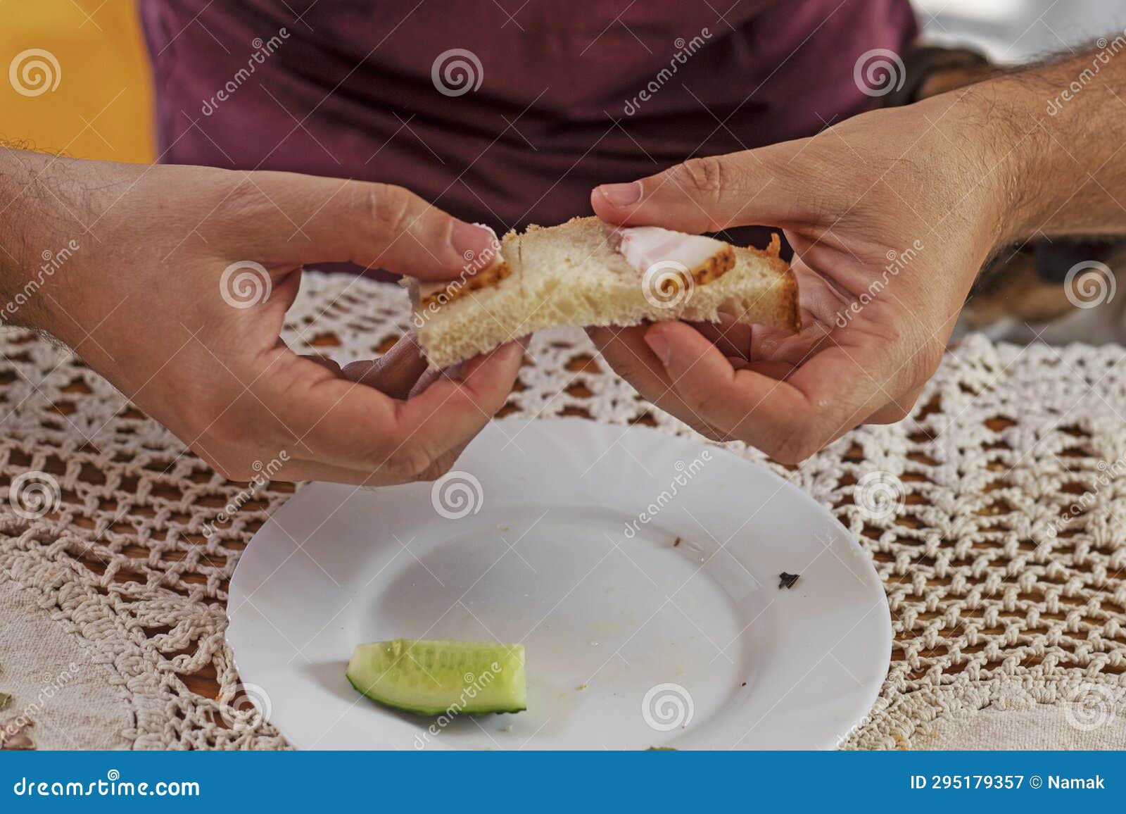 Man Holds Pieces of Bread with Bacon in His Hand Stock Image - Image of ...