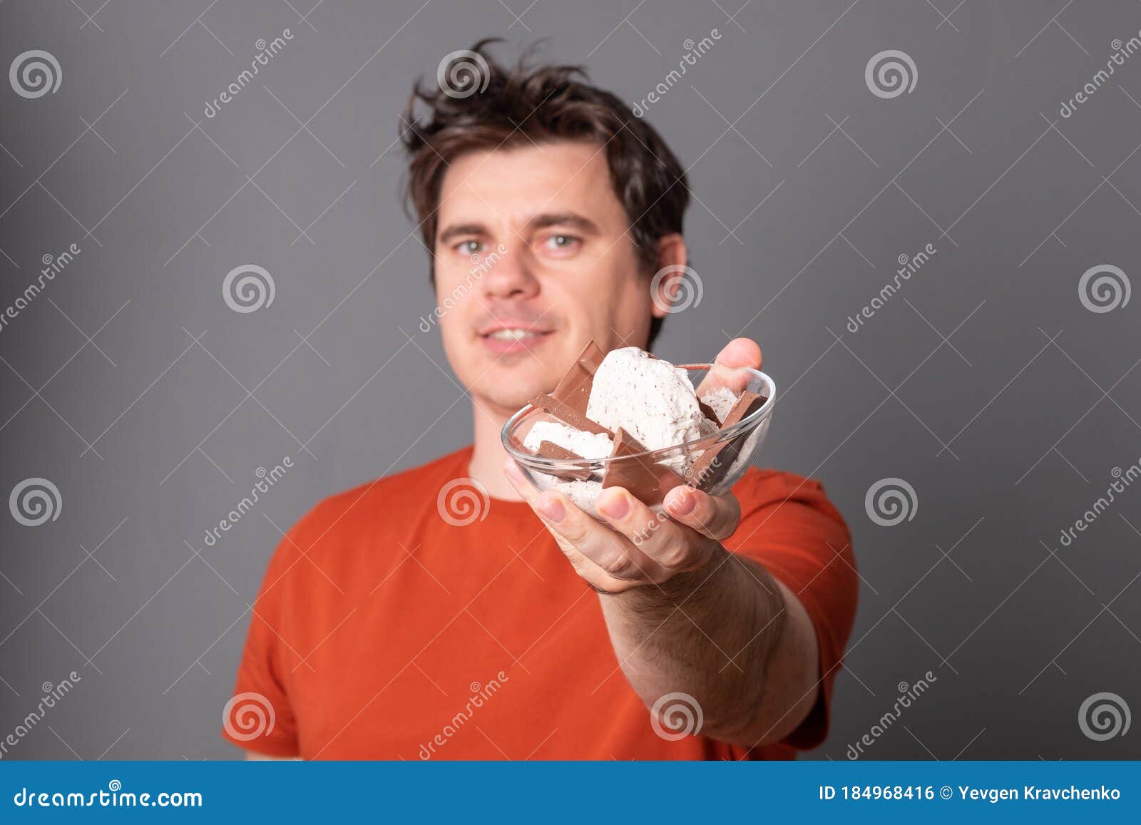 Man Holds a Plate of Chocolate Ice Cream. Funny Man with an Appetite ...