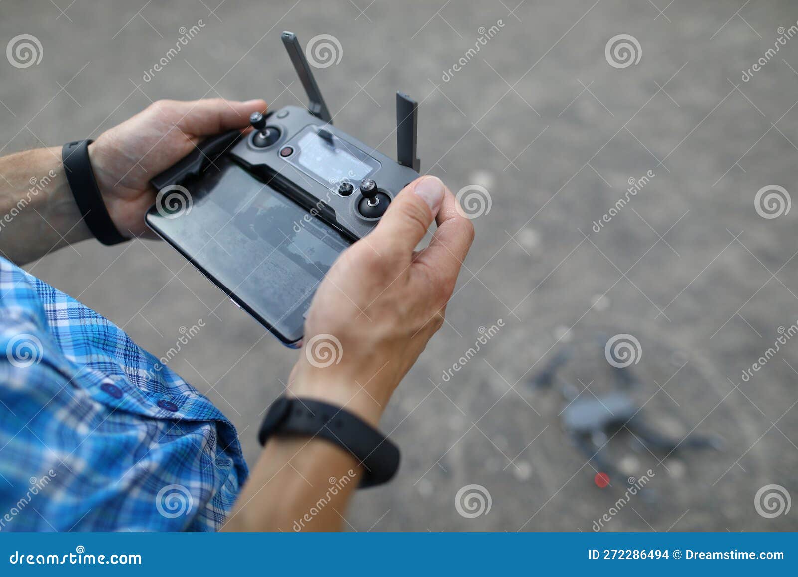 Man Holds Remote Control in Hands and Controls Drone Stock Photo ...