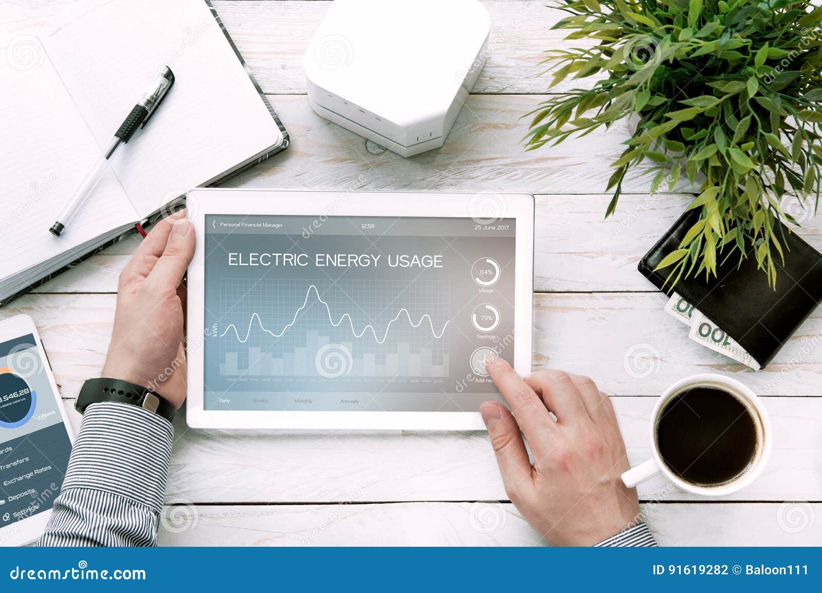 Man Holds Tablet Pc with Electric Energy Usage Application Stock Photo ...