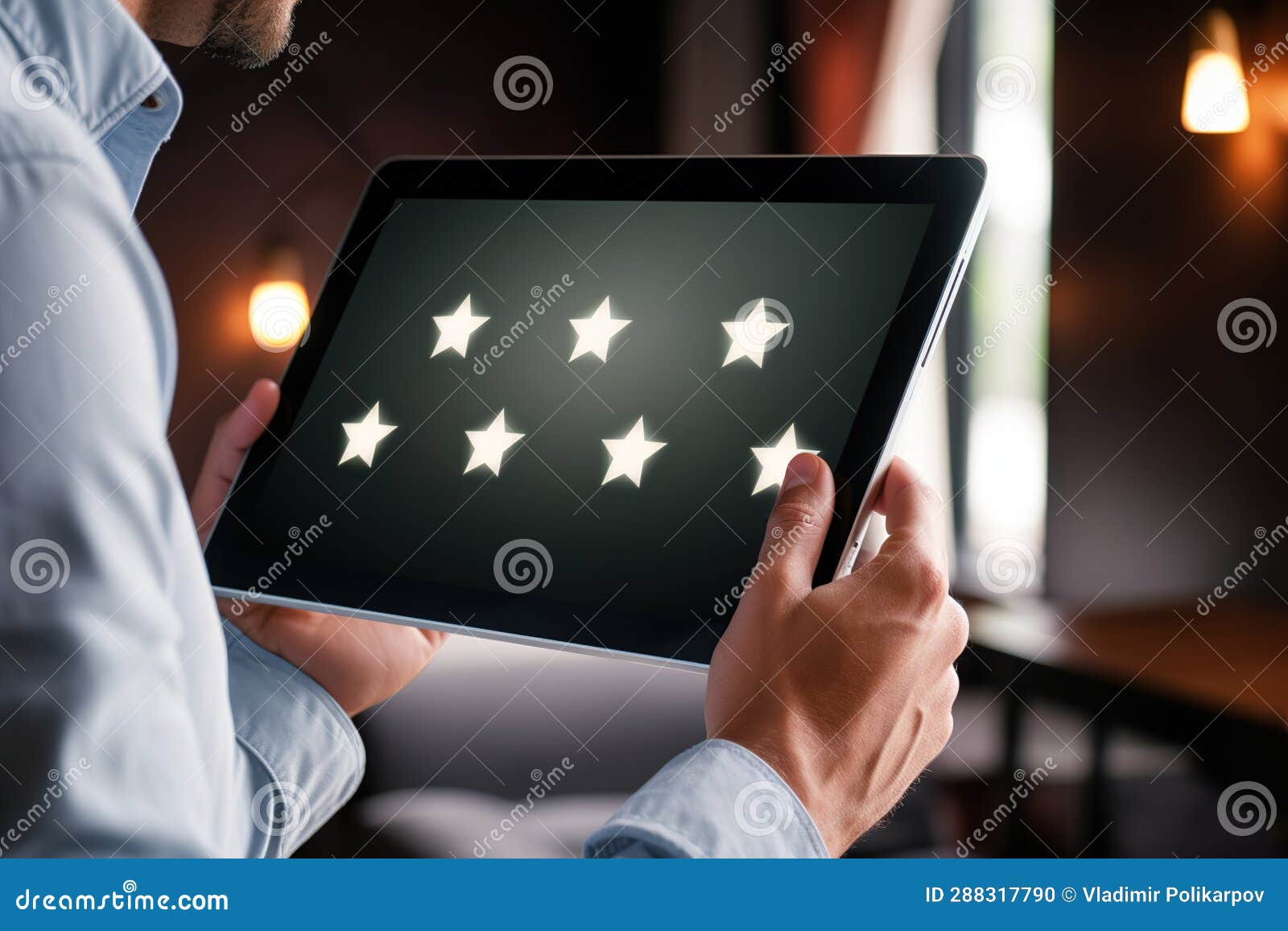 Man Holds Tablet with Rating Stars on Screen. Concept of Evaluating ...