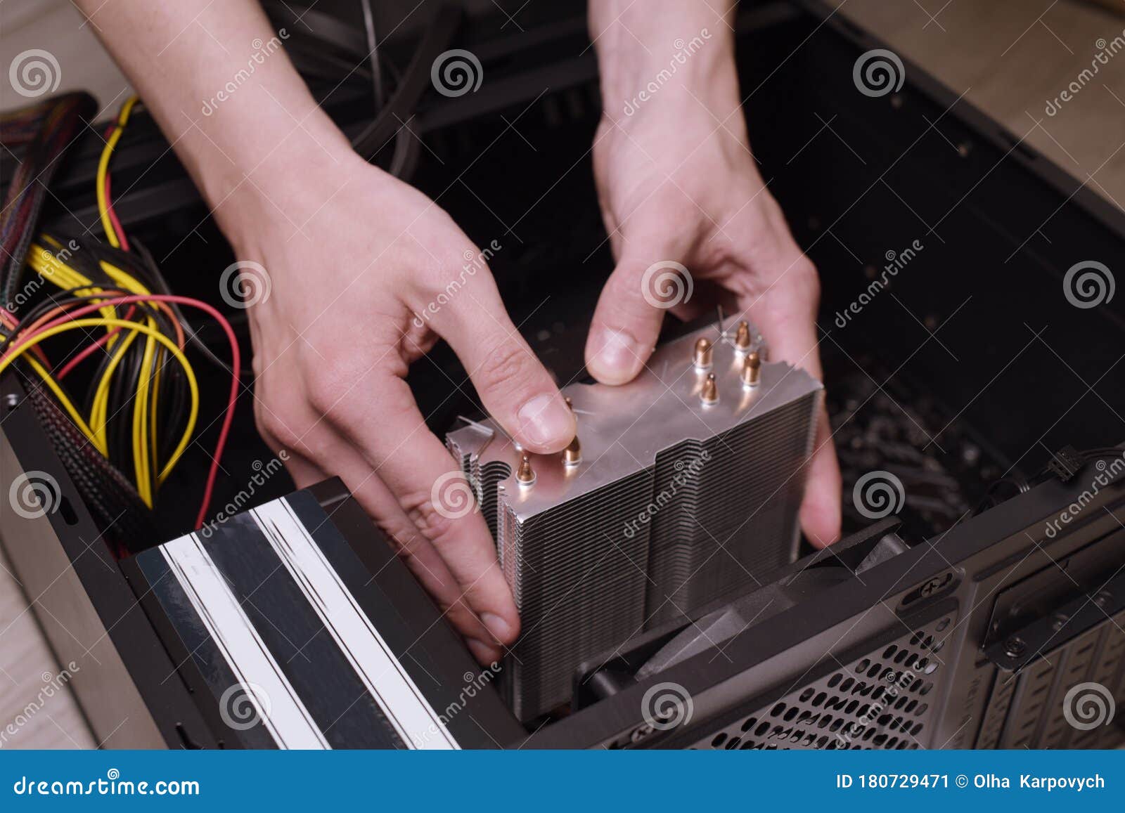 A Man at Home Collects, Disassembles a Computer. Hands of a Man Hold ...