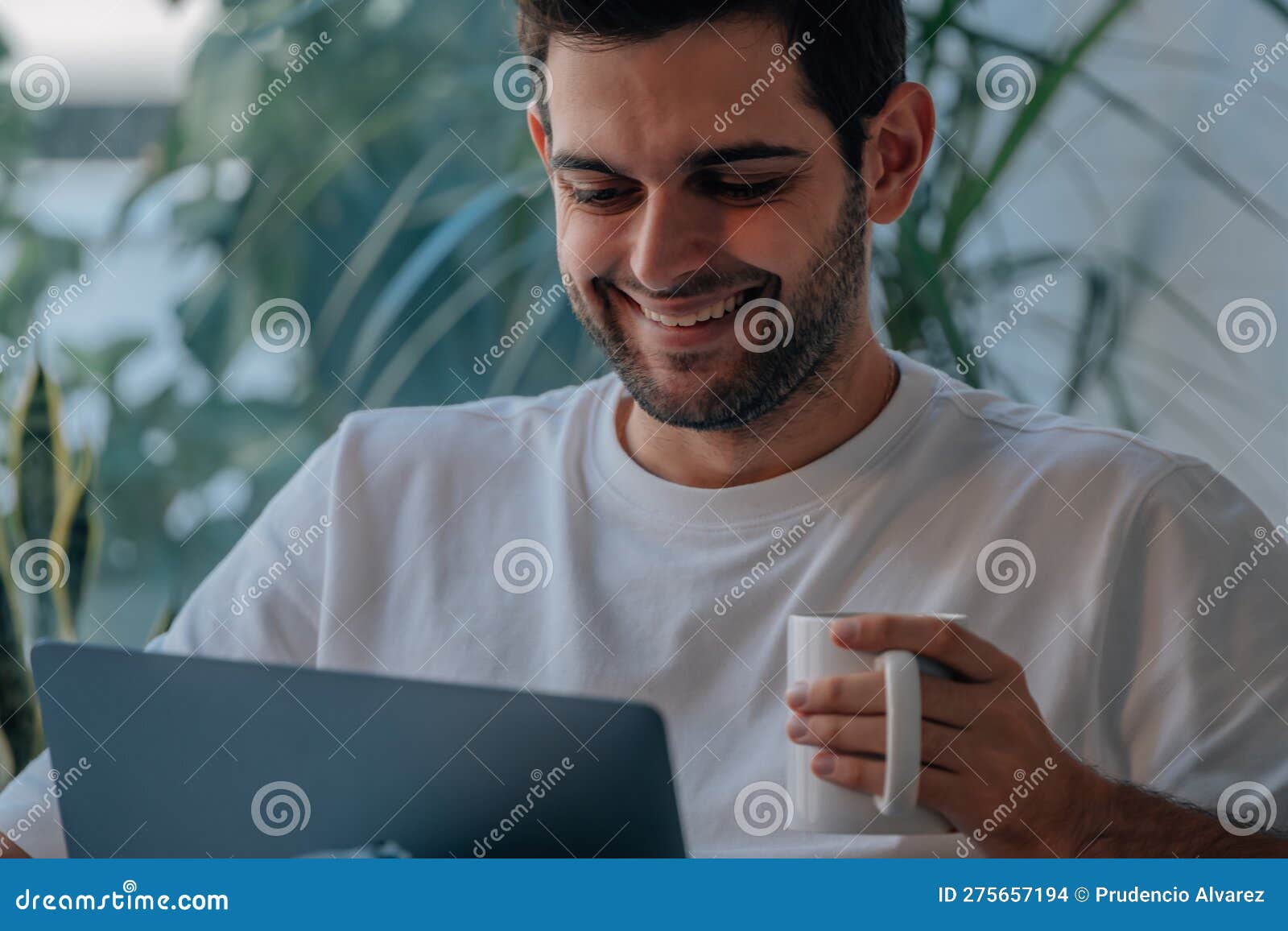 Man at Home with Computer and Cup of Coffee Stock Photo - Image of ...