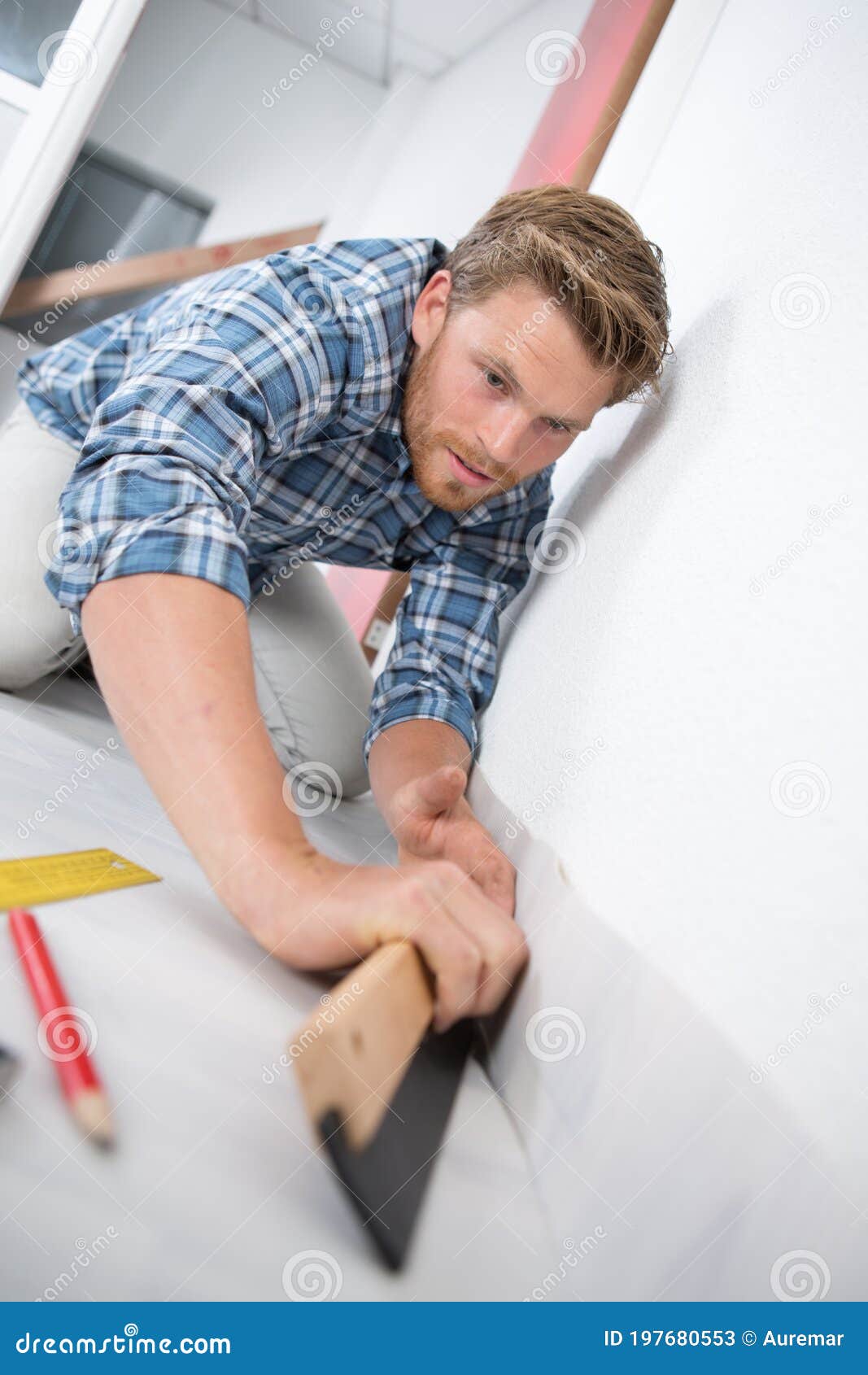 Man at Home Preparing To Lay Carpet Stock Image - Image of installing ...