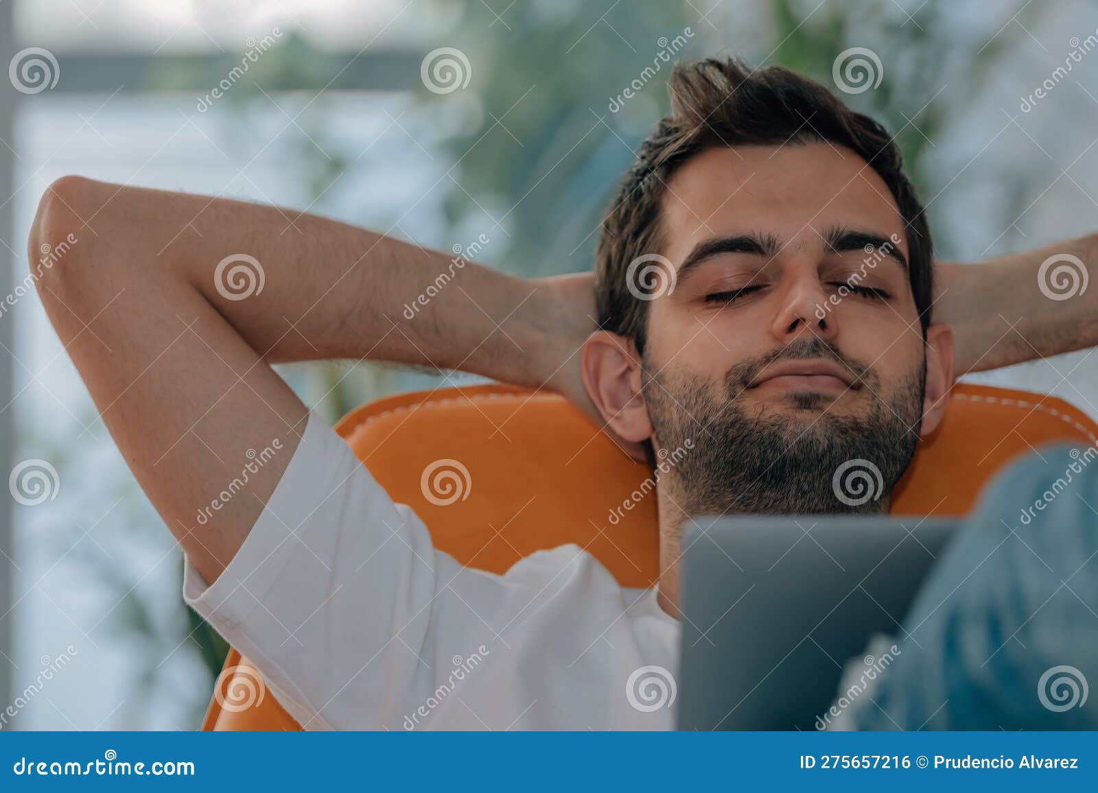 Man at Home Sleeping Relaxed with Computer Stock Photo - Image of sofa ...