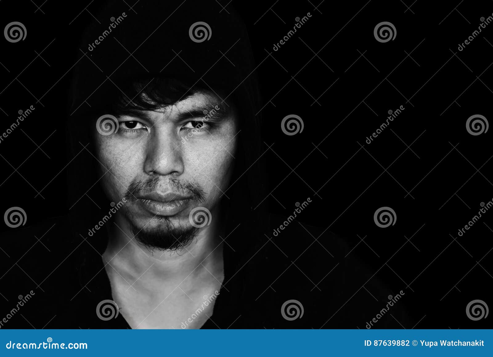 Man in Hood with Scary Face in the Dark Stock Photo - Image of adult ...