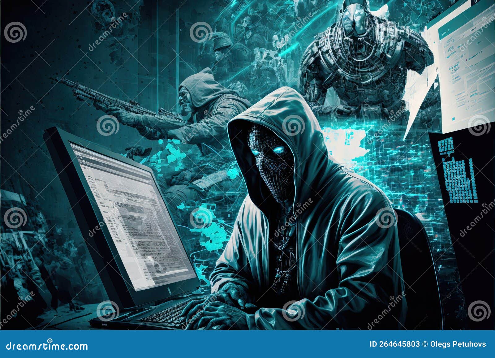 A Man in a Hooded Jacket Using a Laptop Computer with a Group of ...