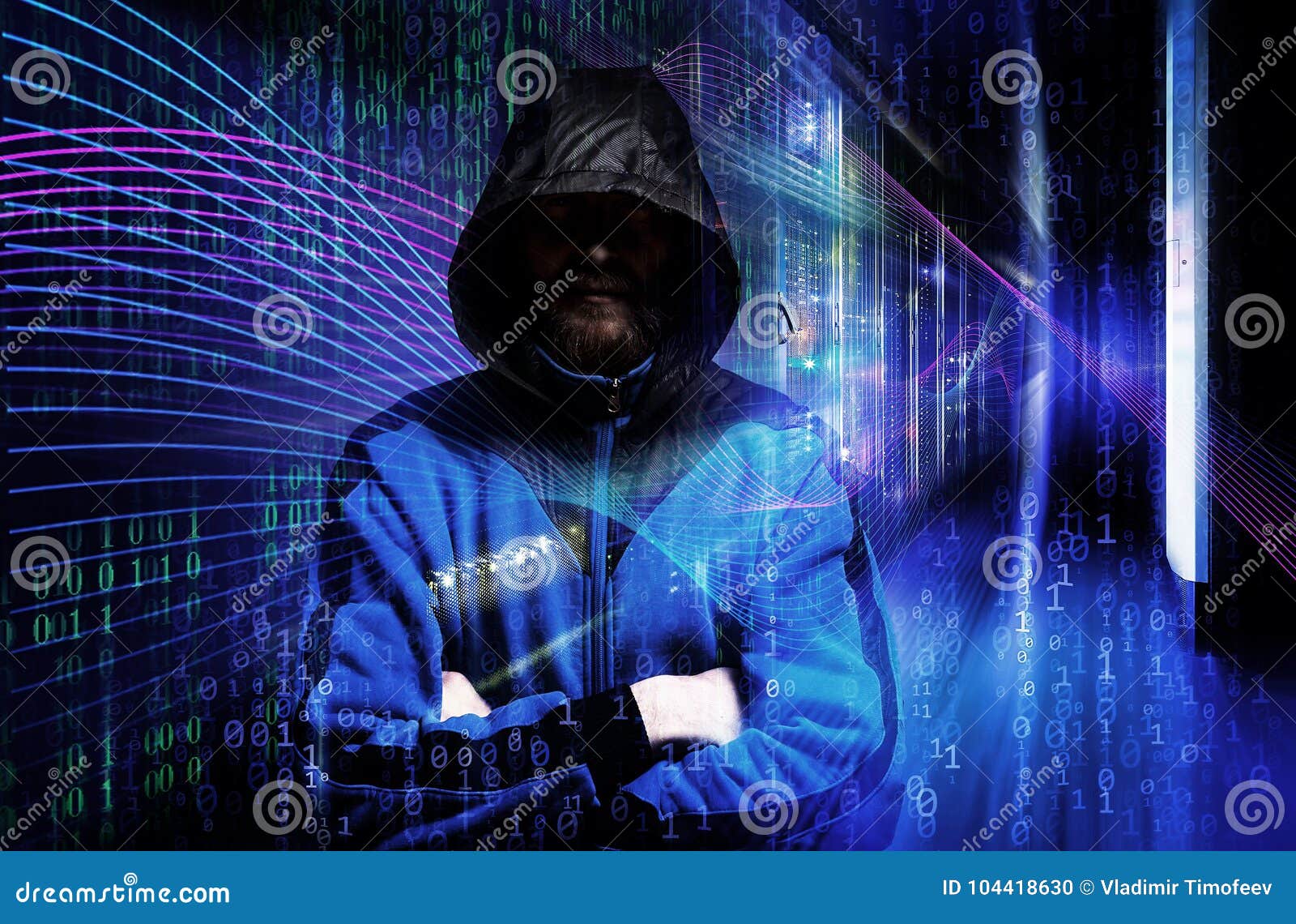 Man in Hoodie Shirt is Hacker. Computer Security Concept. Abstract Image of Light Traces ...