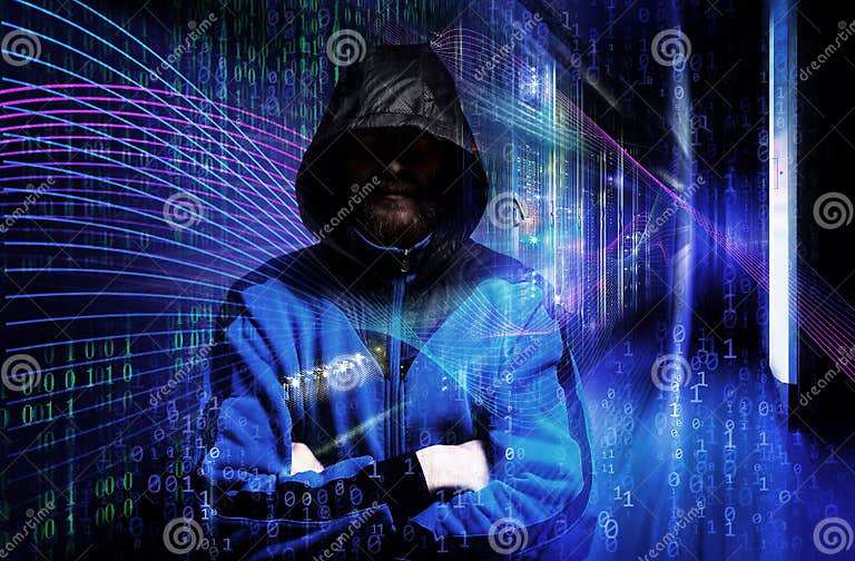Man in Hoodie Shirt is Hacker. Computer Security Concept. Abstract Image of Light Traces ...