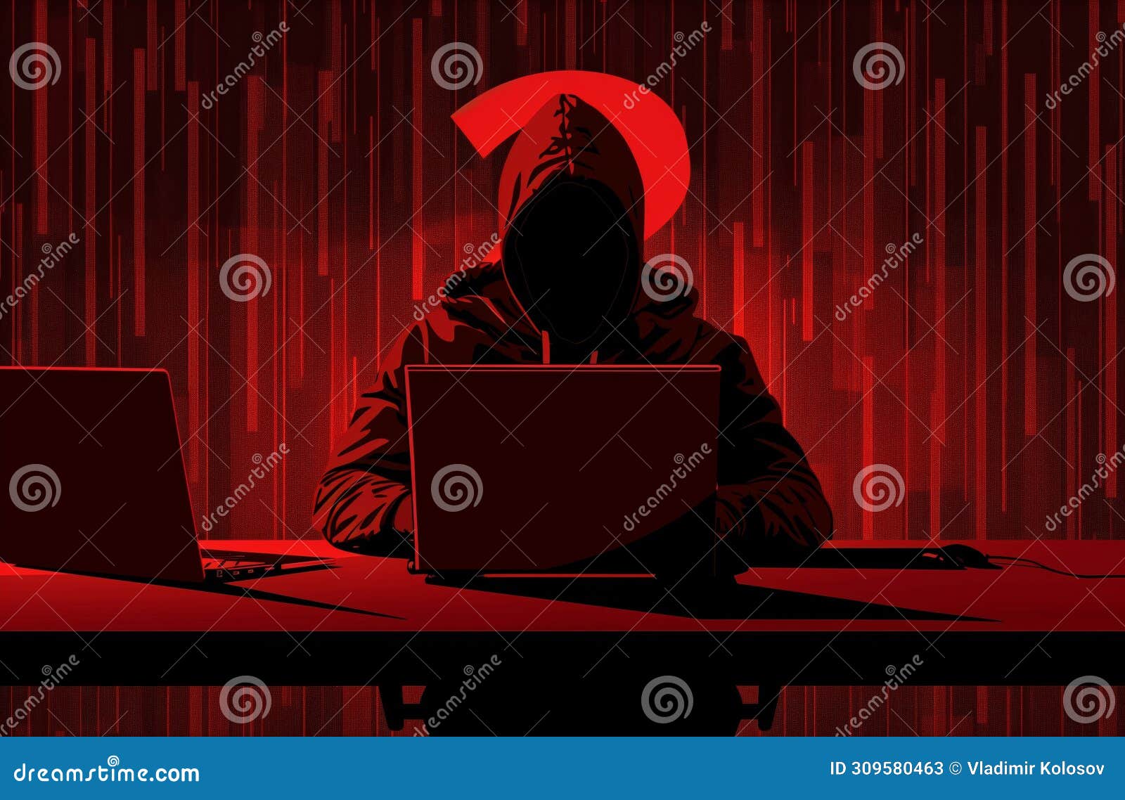 A Man in a Hoodie Sits at a Computer, a Question Mark in the Background ...