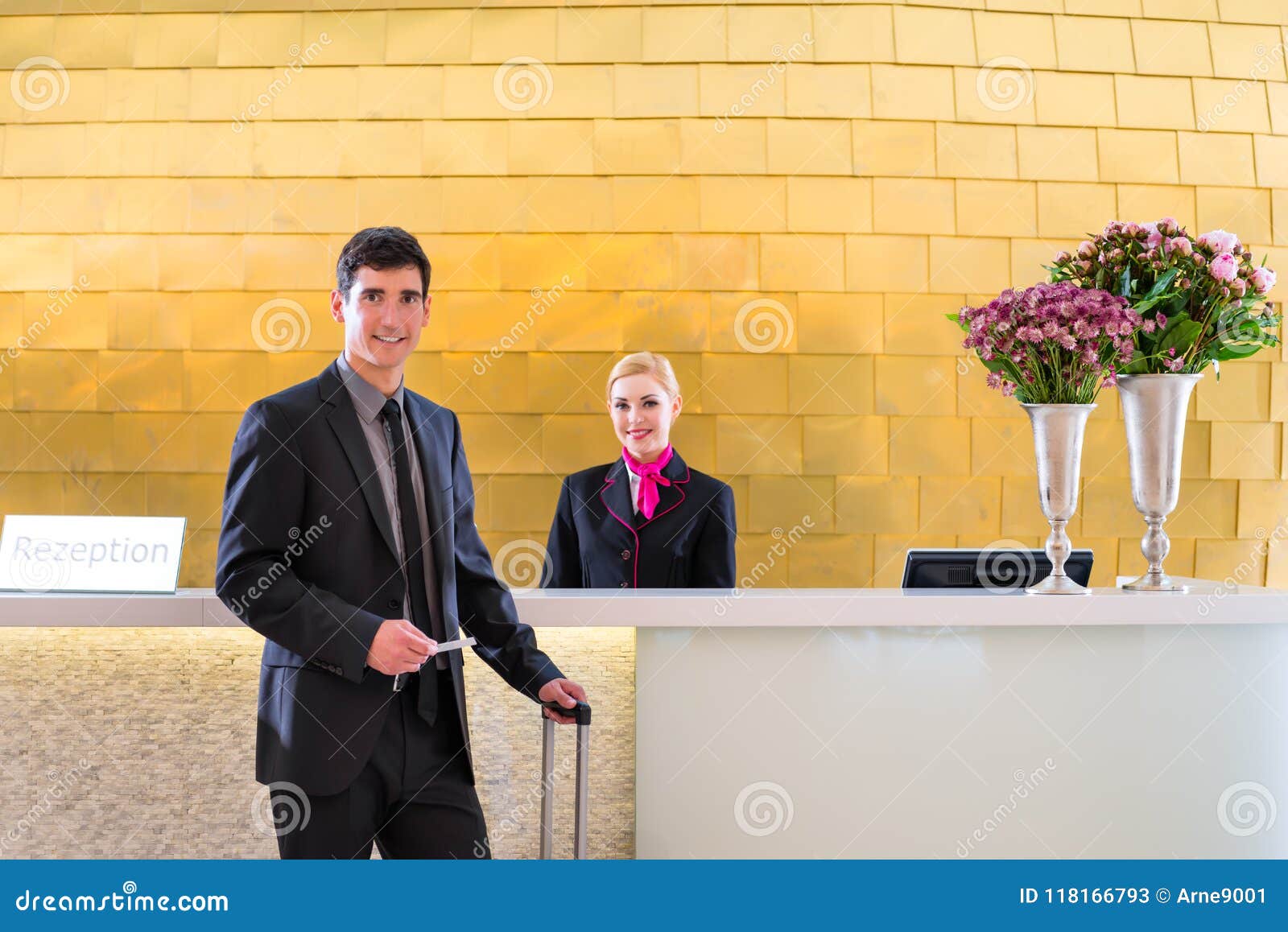 Hotel Receptionist Check in Man Giving Key Card Stock Image - Image of ...