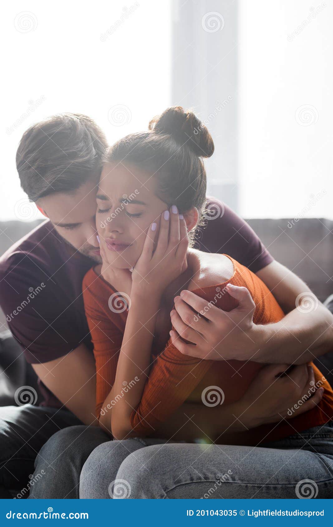 Man Hugging Crying Girlfriend Touching Face Stock Image - Image of ...