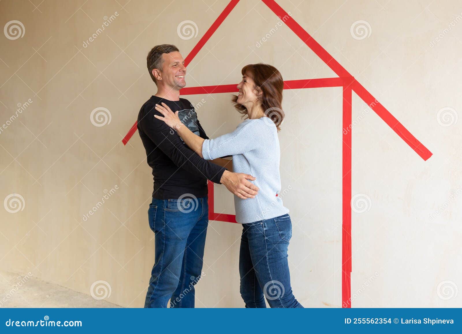 Man Hugging His Wife Young Couple Moving In New Apartmen View From